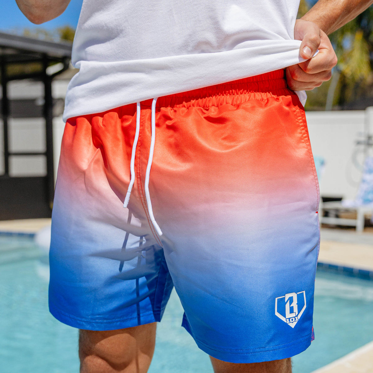 Gradient Swim Trunks - Red/White/Blue - Baseball Lifestyle 101