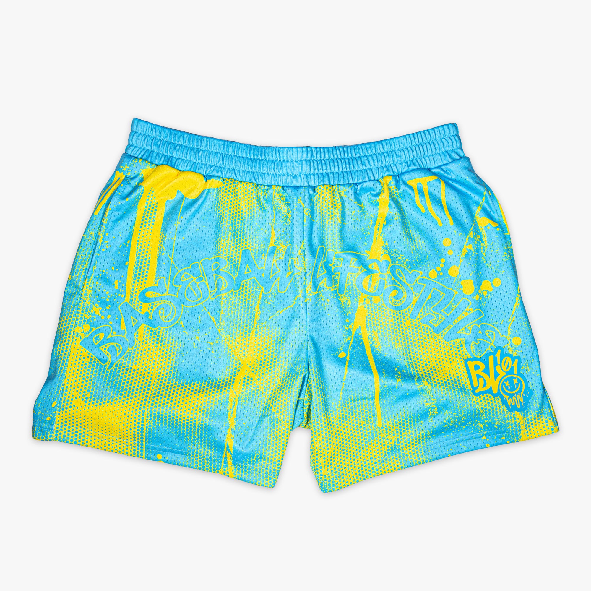 Retro Graffiti Youth Shorts - Blue/Yellow - Baseball Lifestyle 101
