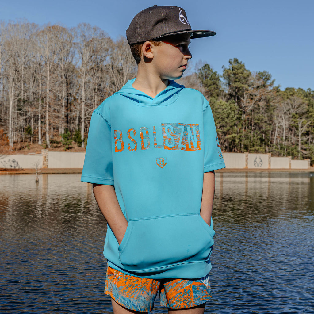 Realtree BSBL-SZN Short Sleeve Youth Hoodie V3 - Bright Blue/Aspect-Or ...